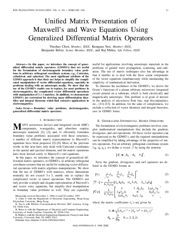 (PDF) Unified matrix presentation of Maxwell's and wave equations using generalized differential ...