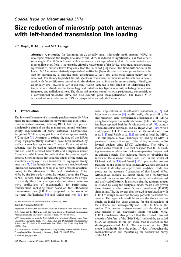 (PDF) Size reduction of microstrip patch antennas with left-handed transmission line loading