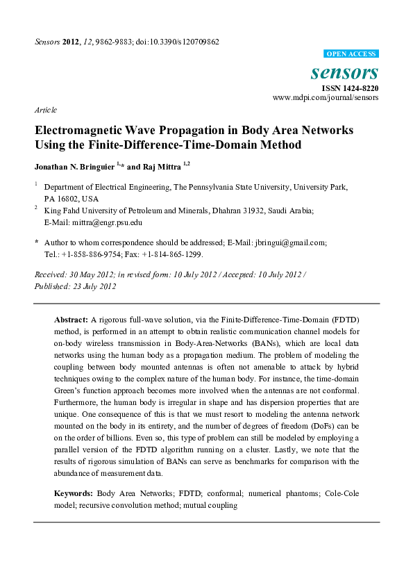 Pdf Electromagnetic Wave Propagation In Body Area Networks Using The Finite Difference Time