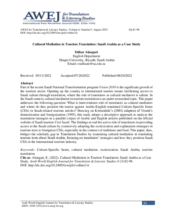 (PDF) Cultural Mediation in Tourism Translation: Saudi Arabia as a Case ...
