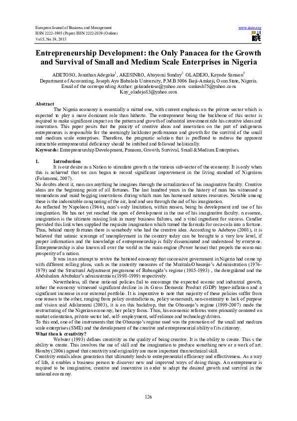 (PDF) Entrepreneurship Development: the Only Panacea for the Growth and Survival of Small and ...
