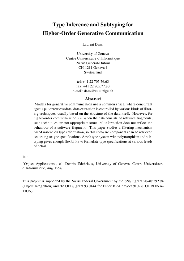 (PDF) Type Inference and Subtyping for Higher-Order Generative Communication | Laurent Dami ...