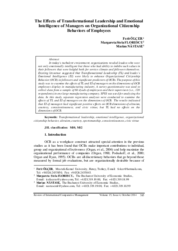 (PDF) The Effects of Transformational Leadership and Emotional Intelligence of Managers on ...
