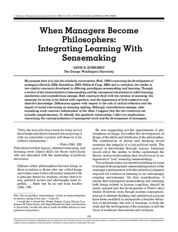(PDF) When Managers Become Philosophers: Integrating Learning With Sensemaking
