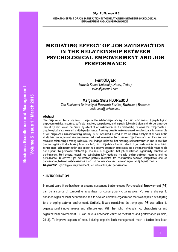 (PDF) Mediating Effect Of Job Satisfaction In The Relationship Between Psychological Empowerment ...
