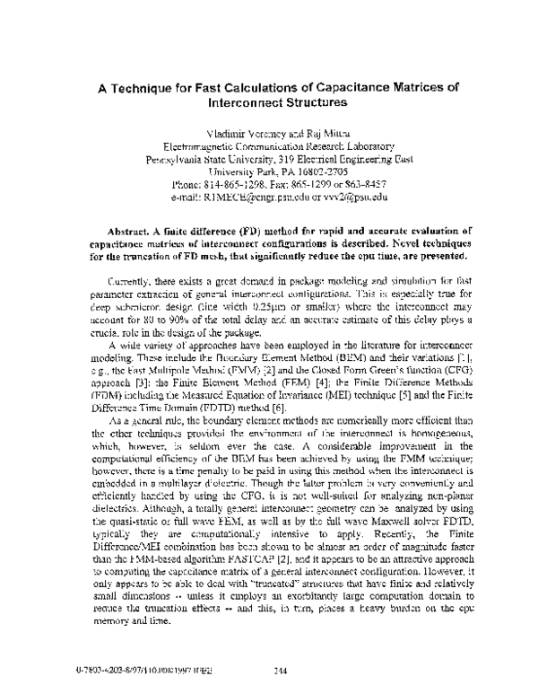Pdf A Technique For Fast Calculations Of Capacitance Matrices Of Interconnect Structures