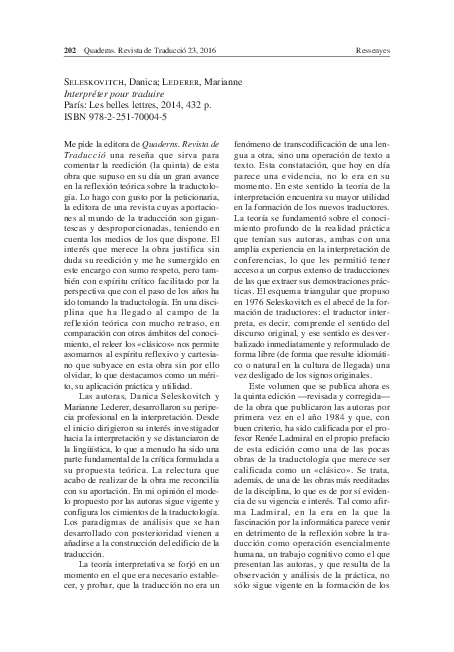 (PDF) Seleskovitch, Danica; Lederer, Marianne. Interpréter pour ...