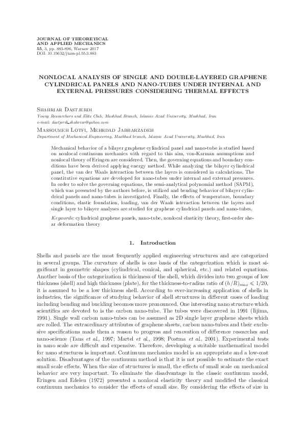 (PDF) Nonlocal analysis of single and double-layered graphene cylindrical panels and nano-tubes ...