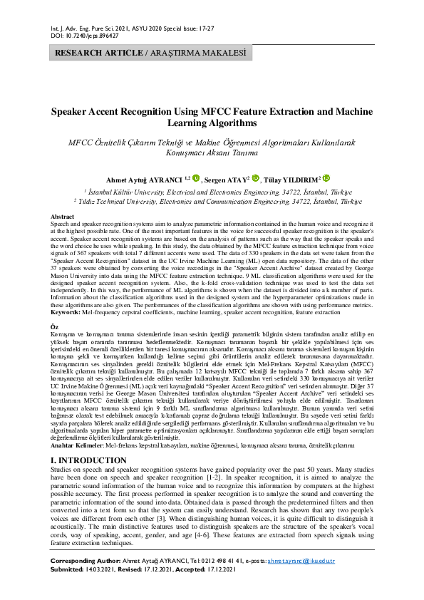 (PDF) Speaker Accent Recognition Using MFCC Feature Extraction and Machine Learning Algorithms
