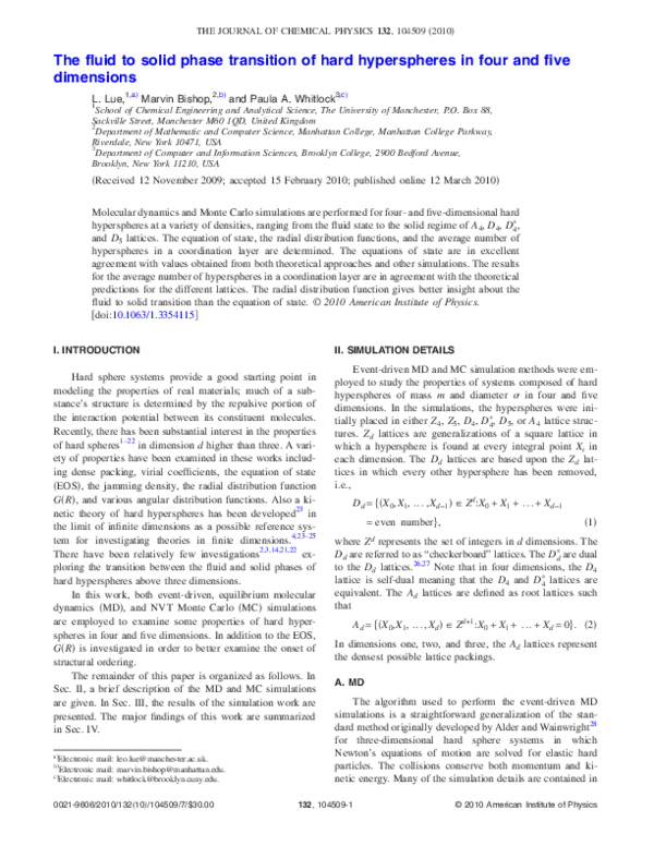 (PDF) The fluid to solid phase transition of hard hyperspheres in four and five dimensions