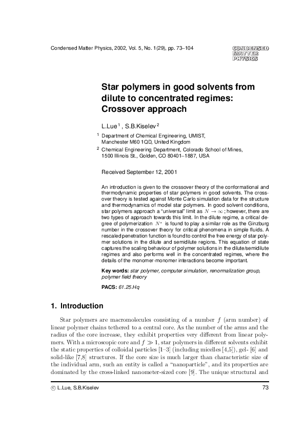 (PDF) Star Polymers in Good Solvents from Dilute to Concentrated Regimes: Crossover Approach