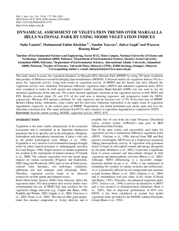(PDF) Dynamical Assessment of Vegetation Trends Over Margalla Hills National Park by Using Modis ...