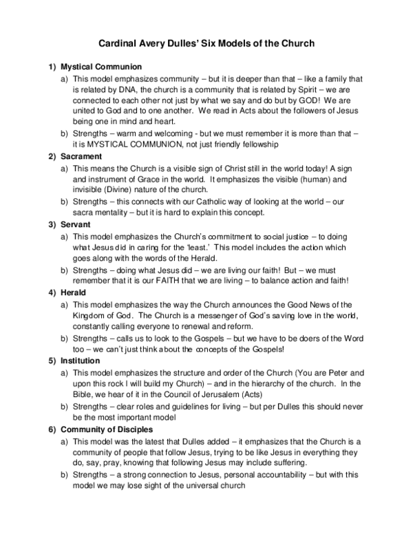 (PDF) Cardinal Avery Dulles' Six Models of the Church
