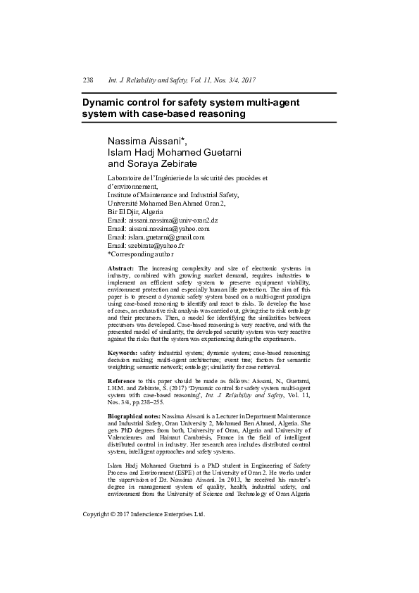 (PDF) Dynamic control for safety system multi-agent system with case-based reasoning