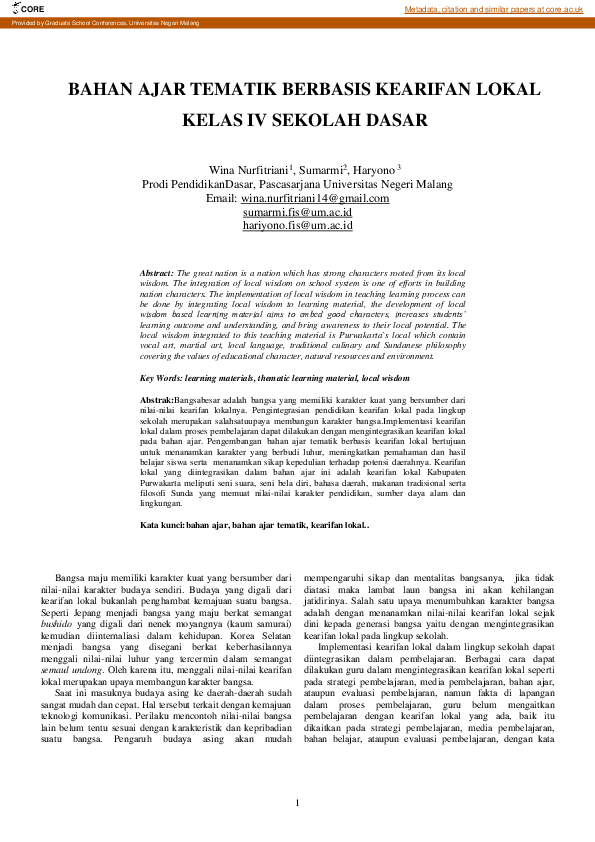 (PDF) Bahan Ajar Tematik Berbasis Kearifan Lokal Kelas IV Sekolah Dasar