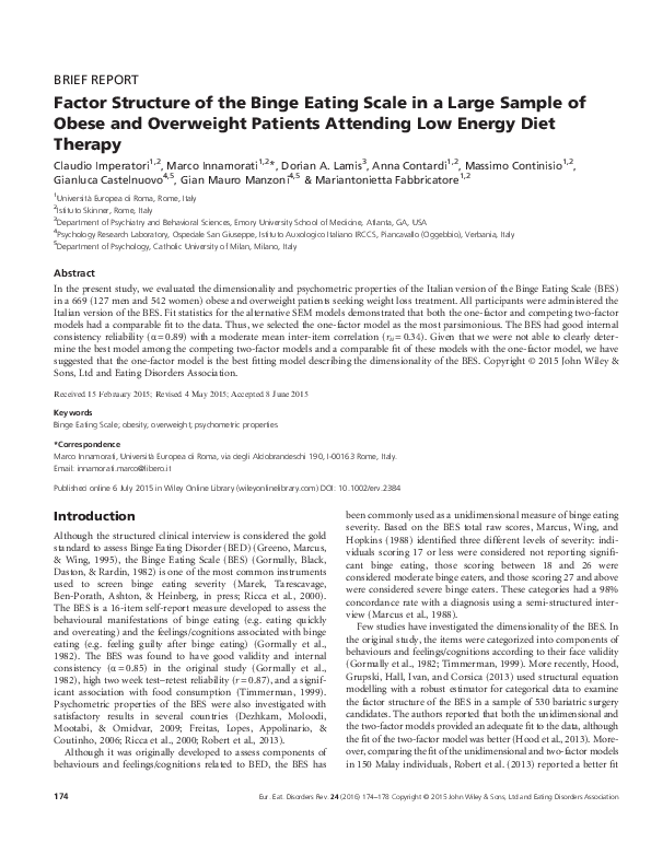 (PDF) Factor Structure of the Binge Eating Scale in a Large Sample of ...
