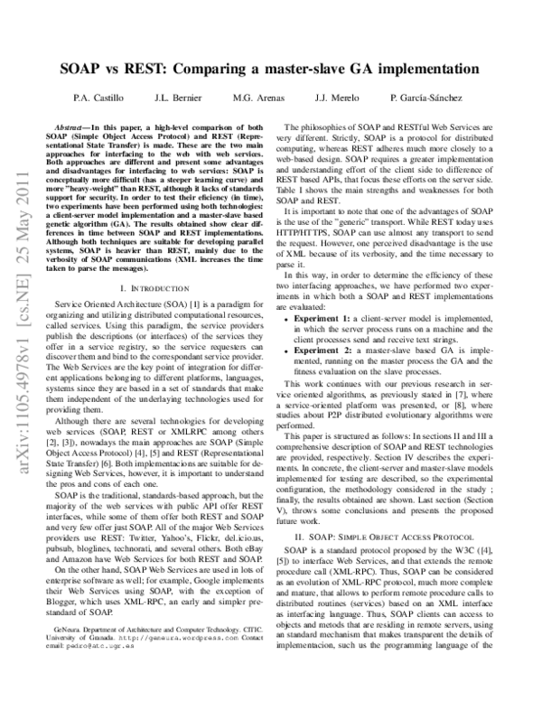 (PDF) SOAP vs REST: Comparing a master-slave GA implementation
