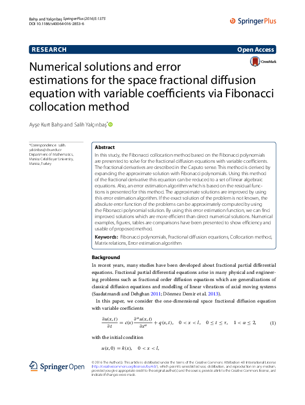 Pdf Numerical Solutions And Error Estimations For The Space
