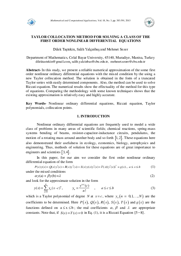 (PDF) Taylor Collocation Method for Solving a Class of the First Order Nonlinear Differential ...