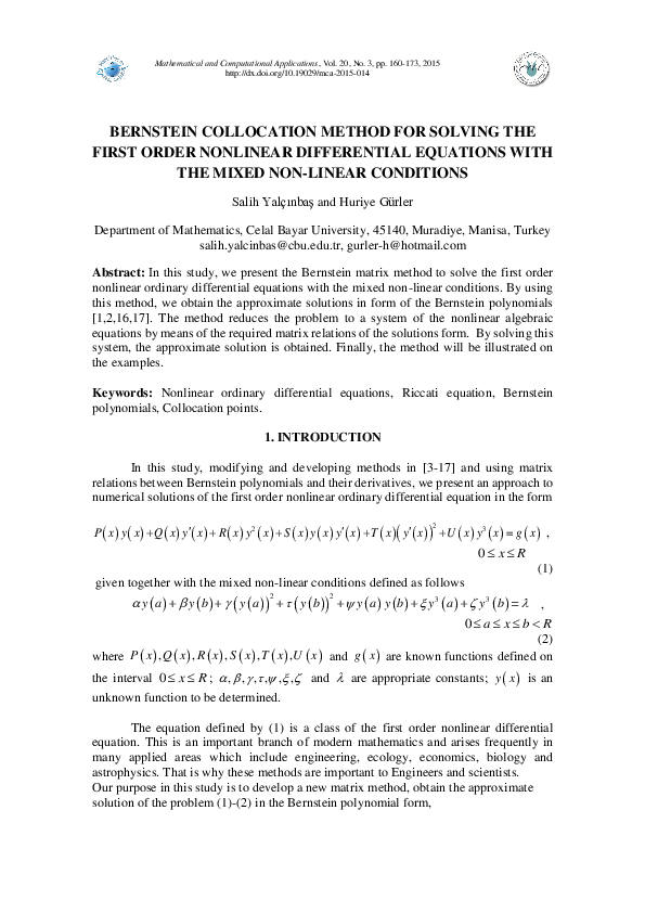 Pdf Bernstein Collocation Method For Solving The First Order Nonlinear Differential Equations