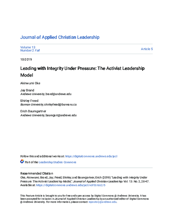 (PDF) Leading with Integrity Under Pressure: The Activist Leadership Model