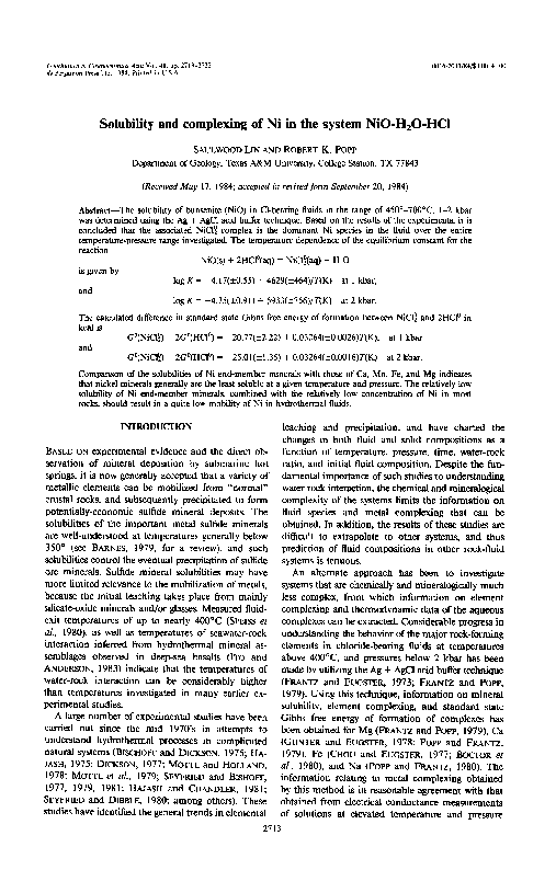 (PDF) Solubility and complexing of Ni in the system NiO-H2O-HCl