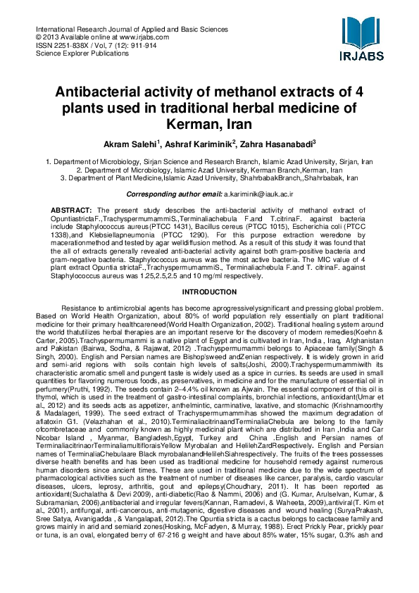 (PDF) Antibacterial activity of methanol extracts of 4 plants used in ...