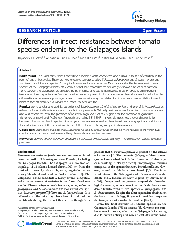 (PDF) Differences in insect resistance between tomato species endemic ...