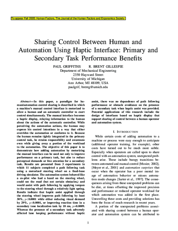 (PDF) Sharing Control Between Humans and Automation Using Haptic Interface: Primary and ...