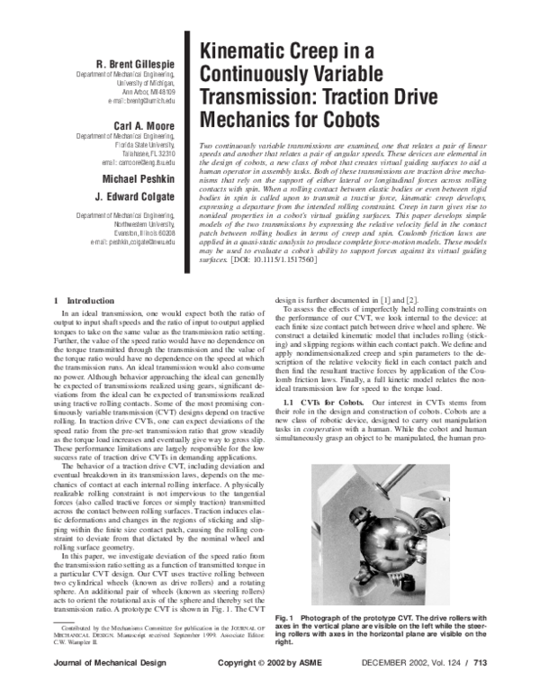 (PDF) Kinematic Creep in a Continuously Variable Transmission: Traction ...