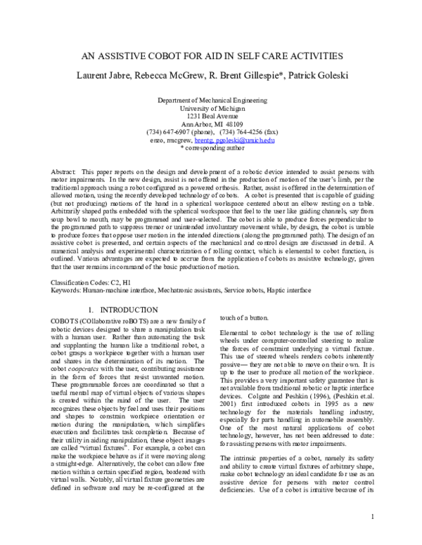 (PDF) An Assistive Cobot for Aid in Self Care Activities