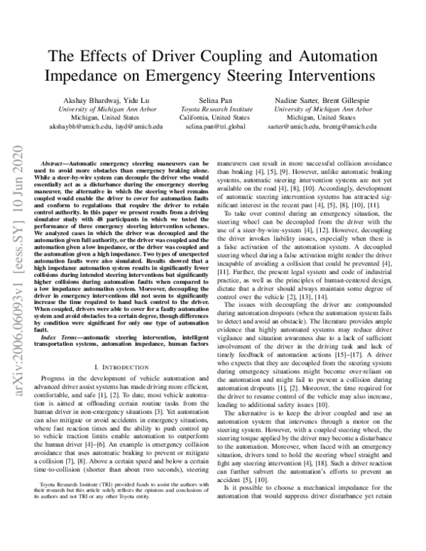 (PDF) The Effects of Driver Coupling and Automation Impedance on Emergency Steering Interventions