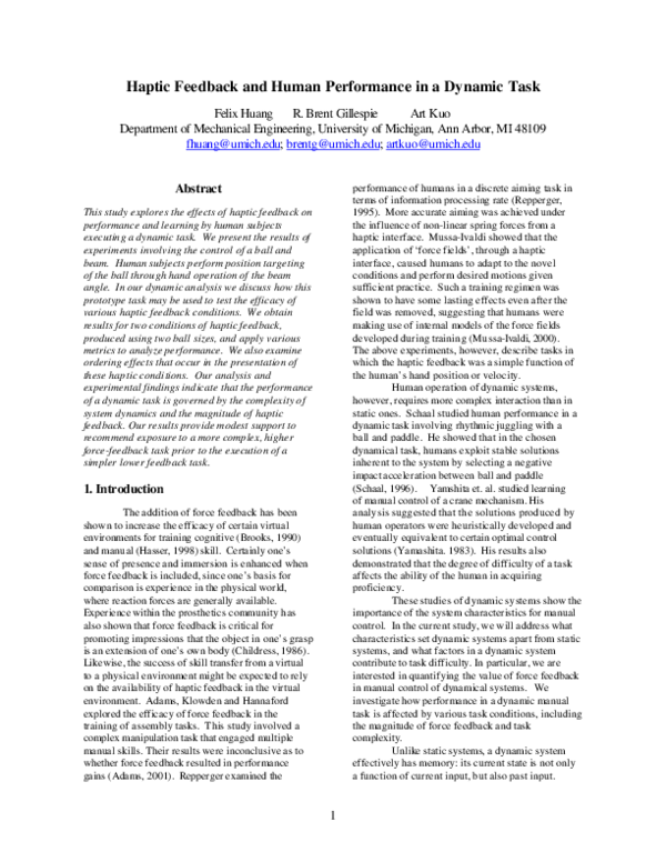 (PDF) Haptic feedback and human performance in a dynamic task