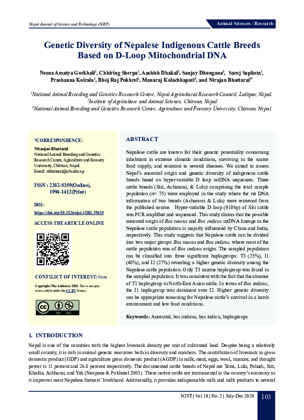 (PDF) Genetic Diversity of Nepalese Indigenous Cattle Breeds Based on D-Loop Mitochondrial DNA
