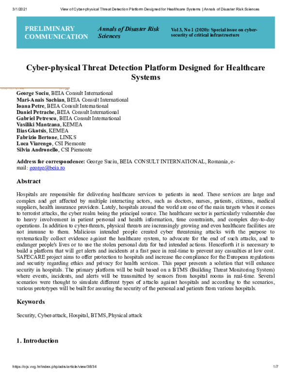 (PDF) Cyber-physical Threat Detection Platform Designed for Healthcare ...