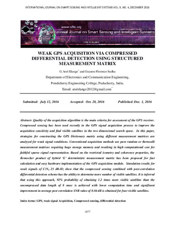 Pdf Weak Gps Acquisition Via Compressed Differential Detection Using Structured Measurement Matrix