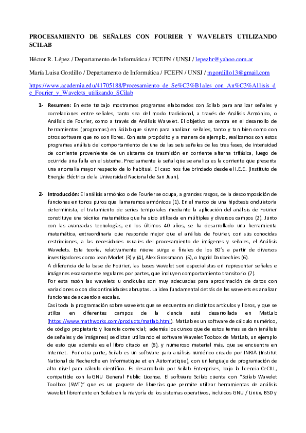 (PDF) Procesamiento de Señales con Análisis de Fourier y Wavelets utilizando SCilab