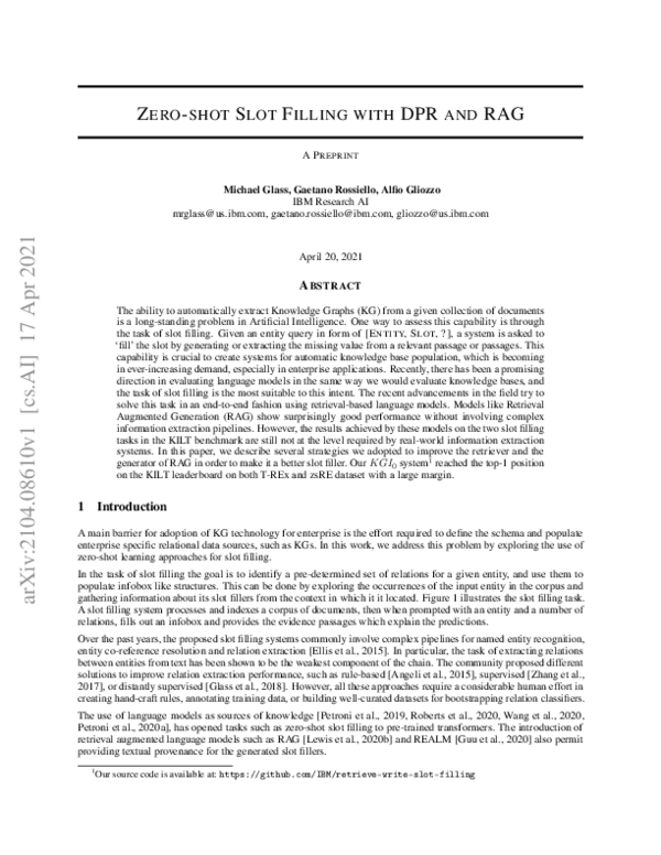 (PDF) Zero-shot Slot Filling with DPR and RAG