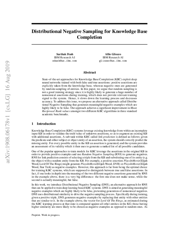 (PDF) Distributional Negative Sampling for Knowledge Base Completion