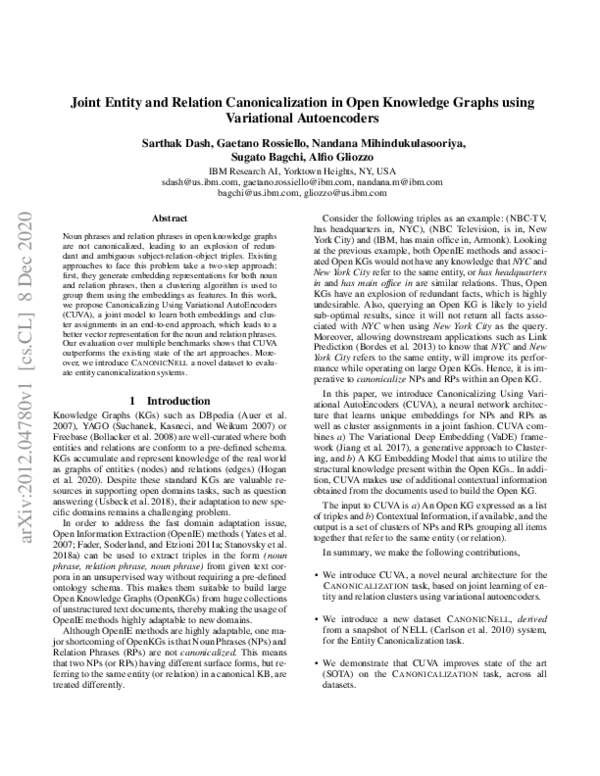 (PDF) Joint Entity and Relation Canonicalization in Open Knowledge Graphs using Variational ...