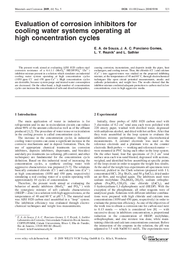 (PDF) Evaluation of corrosion inhibitors for cooling water systems operating at high ...