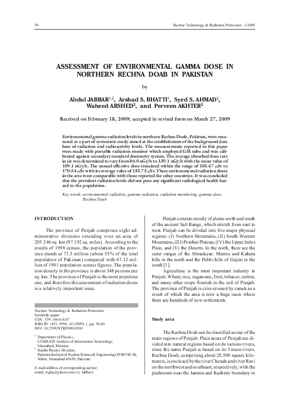 (PDF) Assessment of environmental gamma dose in northern Rechna Doab in ...