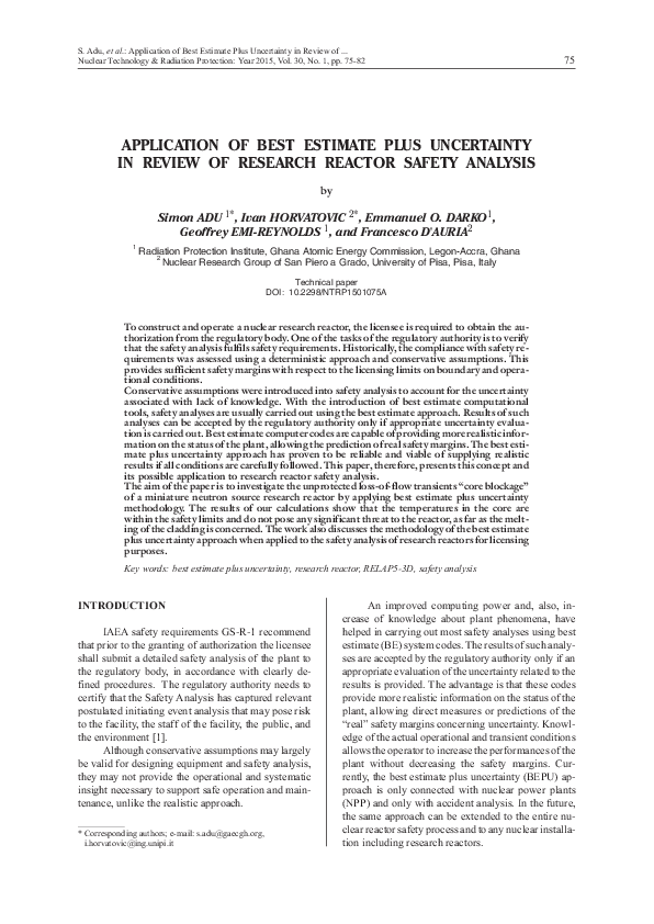 (PDF) Application of best estimate plus uncertainty in review of research reactor safety analysis