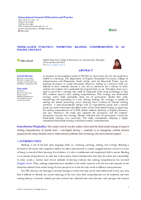 (PDF) Think-Aloud Strategy: Improving Reading Comprehension in an Online Context