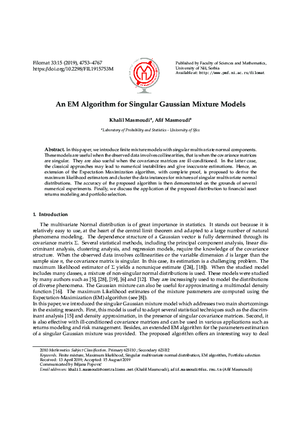 (PDF) An EM algorithm for singular Gaussian mixture models | Khalil Masmoudi - Academia.edu