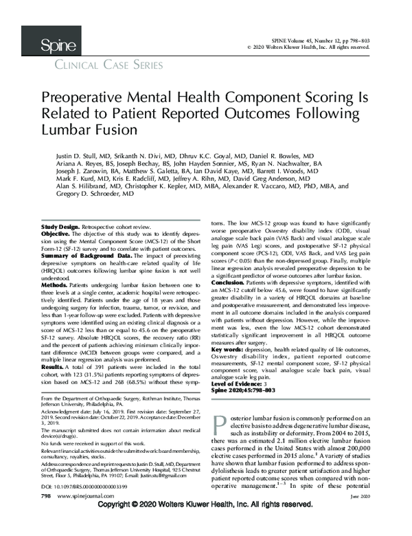 (PDF) Preoperative Mental Health Component Scoring Is Related to ...