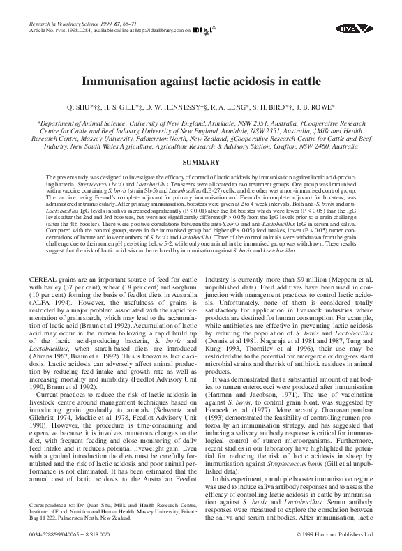 (PDF) Immunisation against lactic acidosis in cattle | Ronald Leng ...