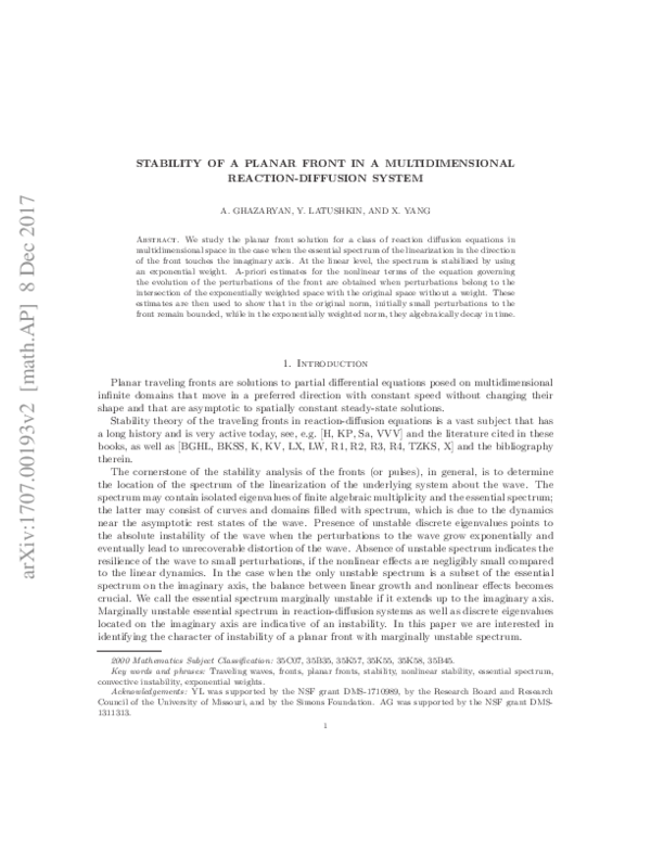 (PDF) Stability of a planar front in a multidimensional reaction-diffusion system