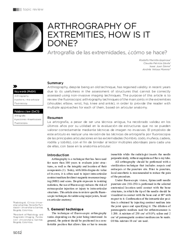 (PDF) ARTHROGRAPHY OF EXTREMITIES , HOW IS IT DONE ? Artrografía de las ...