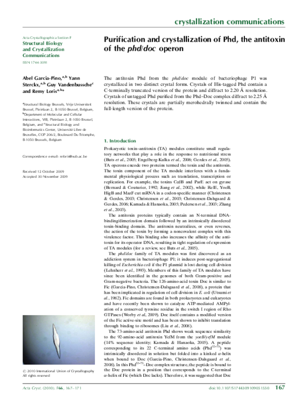 (PDF) Purification and crystallization of Phd, the antitoxin of thephd ...